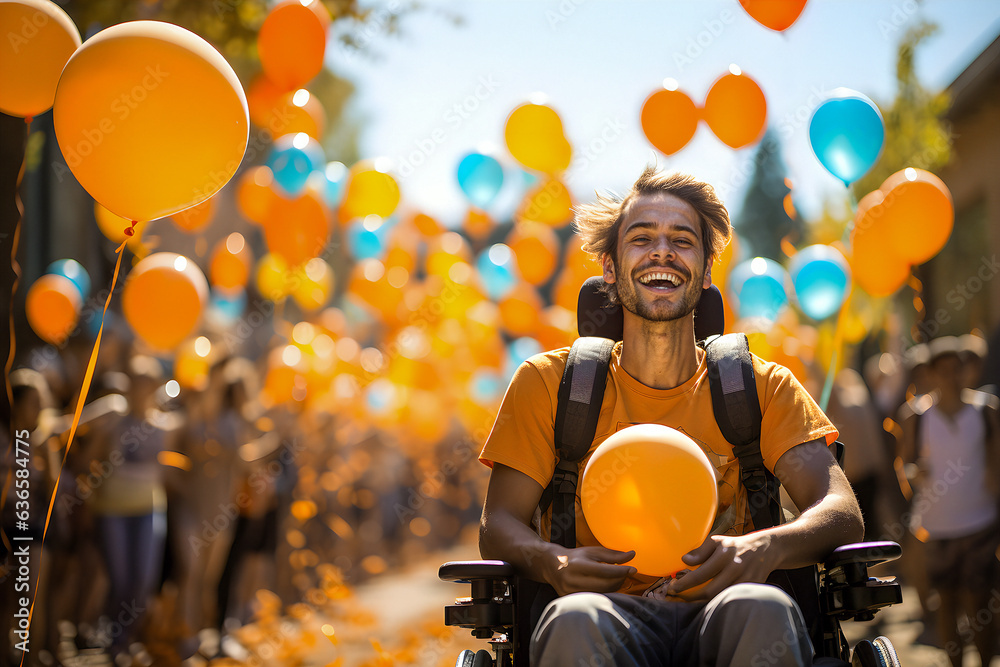 Physically challenged man in a wheelchair laughing and enoying the ...