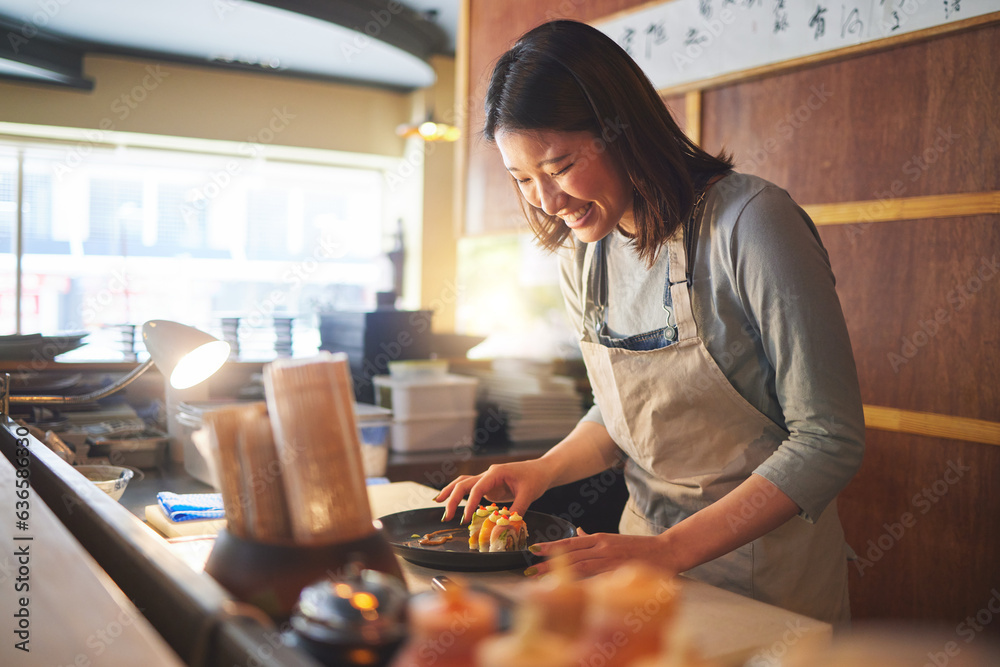 Sushi, restaurant worker and woman with smile from food and Asian meal ...