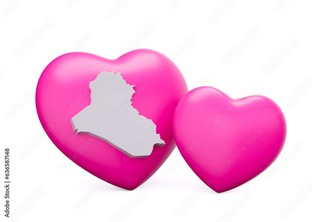 3d Shiny Pink Hearts With 3d White Map Of Iraq Isolated On White ...