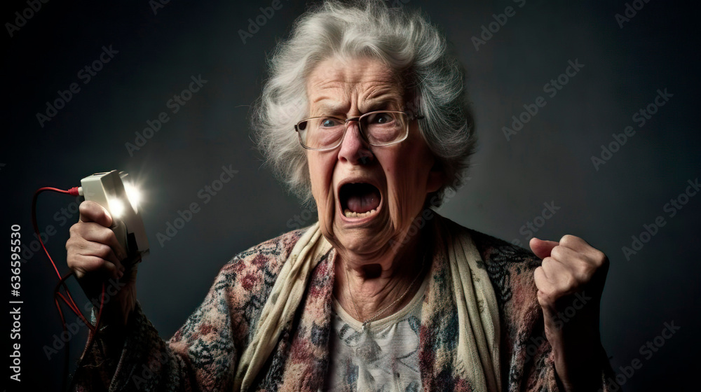 An elderly mature woman senior screams and gets angry because of the ...
