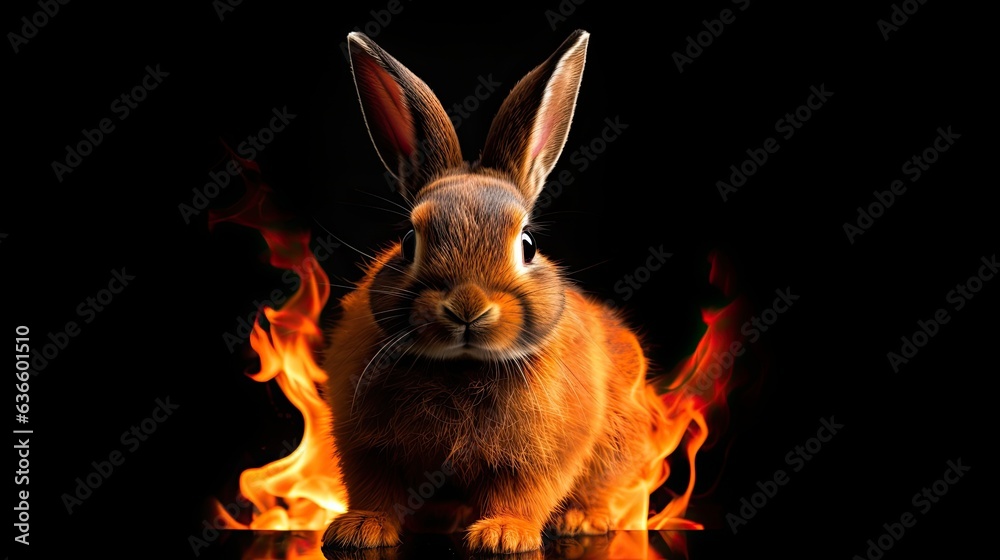 Epic rabbit animal portrait, flaming power background, warrior figure ...