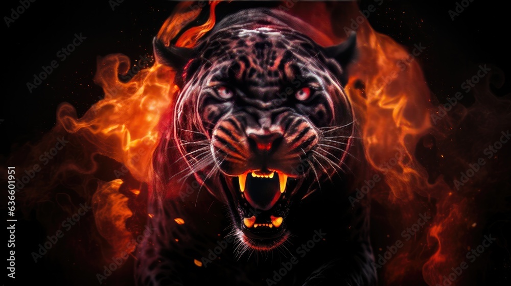 Epic panther animal portrait, flaming power background, warrior figure ...
