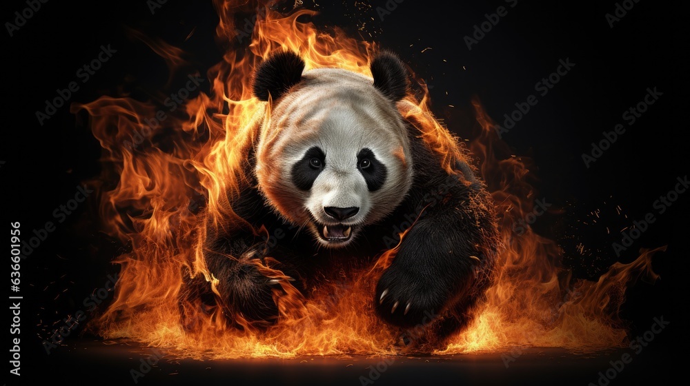 Epic panda animal portrait, flaming power background, warrior figure ...