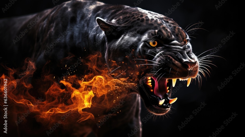 Epic panther animal portrait, flaming power background, warrior figure ...