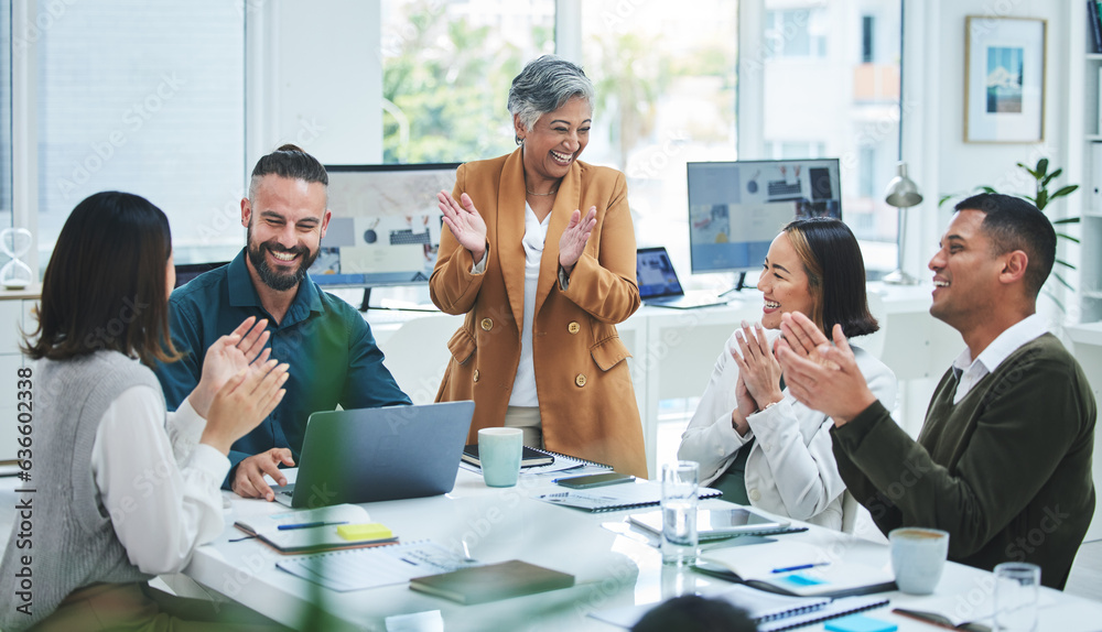 Fotografia do Stock: Happy business people in meeting at desk with ...