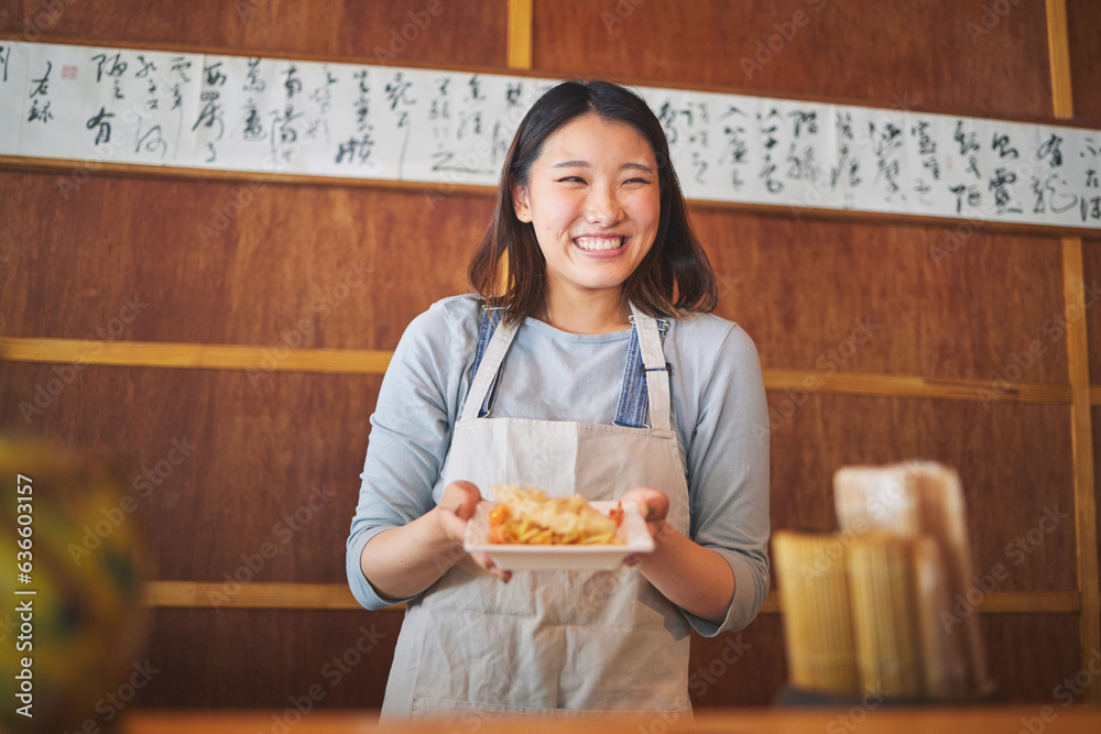 Chinese food, waitress and an asian woman in a sushi kitchen to serve a ...