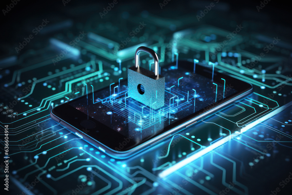 Generative AI. mobile smart phone with virtual graphic cyber network ...