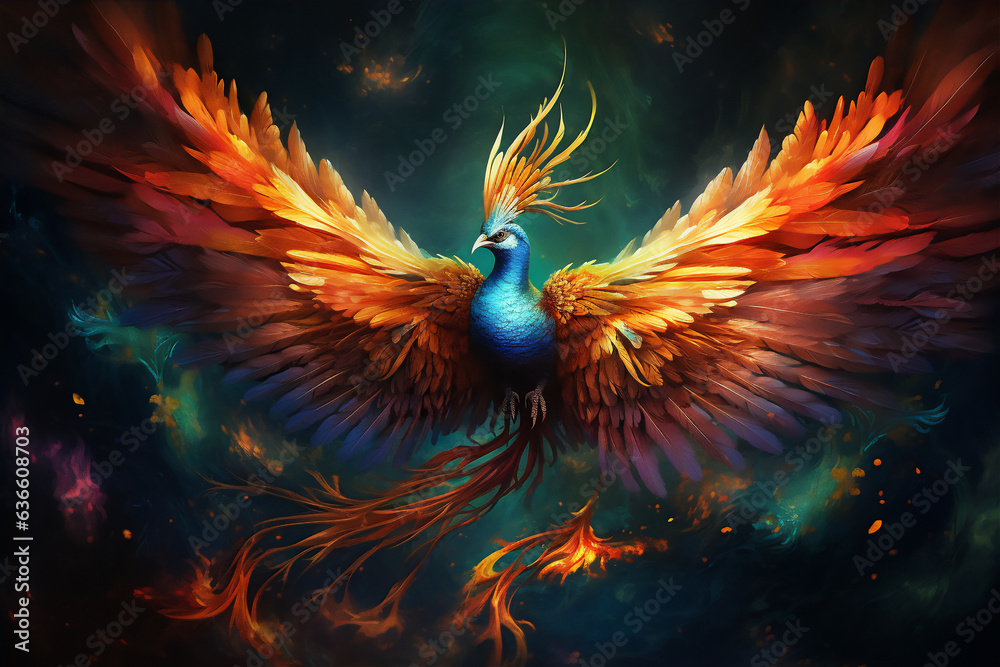 colorful phoenix in deep forest, spread wings, hyper realistic ...