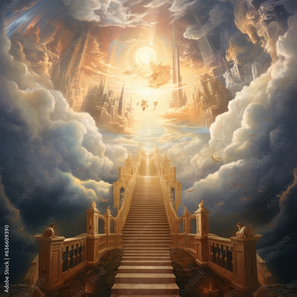 Golden gates to heaven. Stairway that leads to a big, beautiful heaven ...