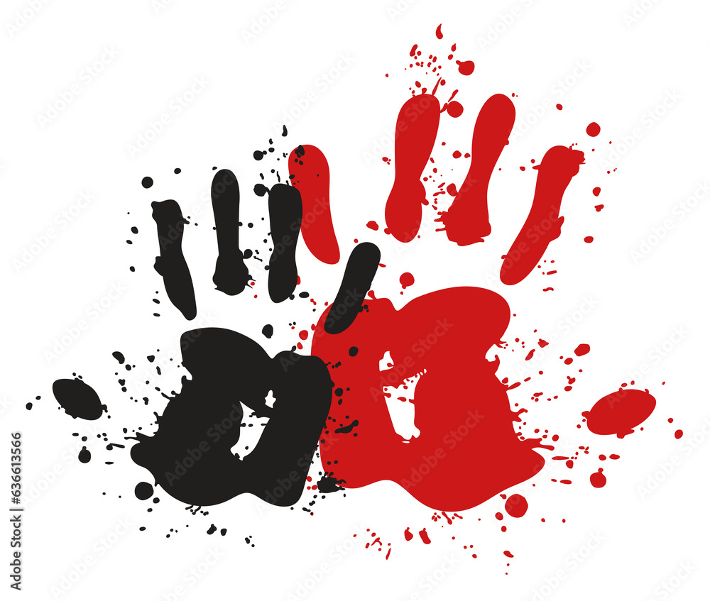 Black and red handprint. Children's and adult palm. Handprint in blood ...