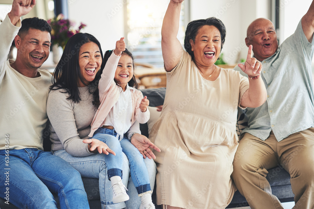 Happy family, child or grandparents in celebration for sports in home ...