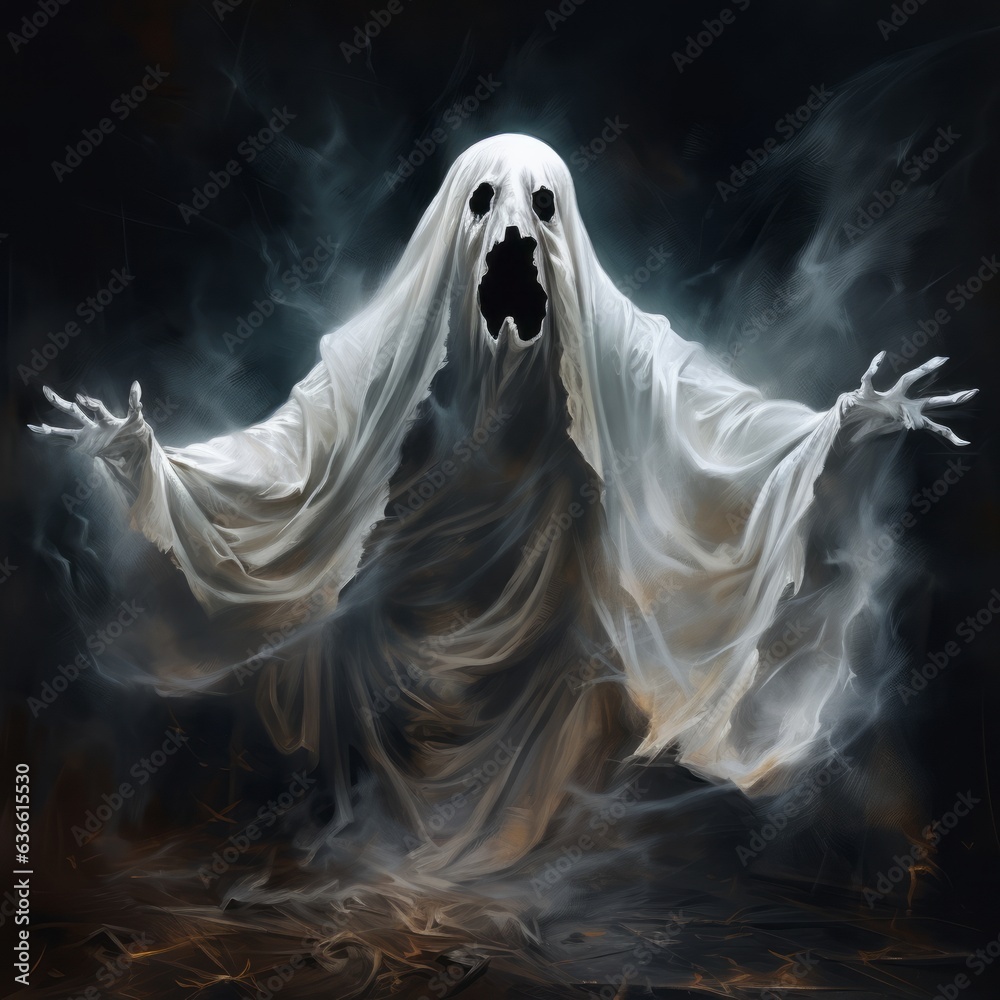 Scary ghost with black evil eyes in a dark spooky forest on a foggy ...