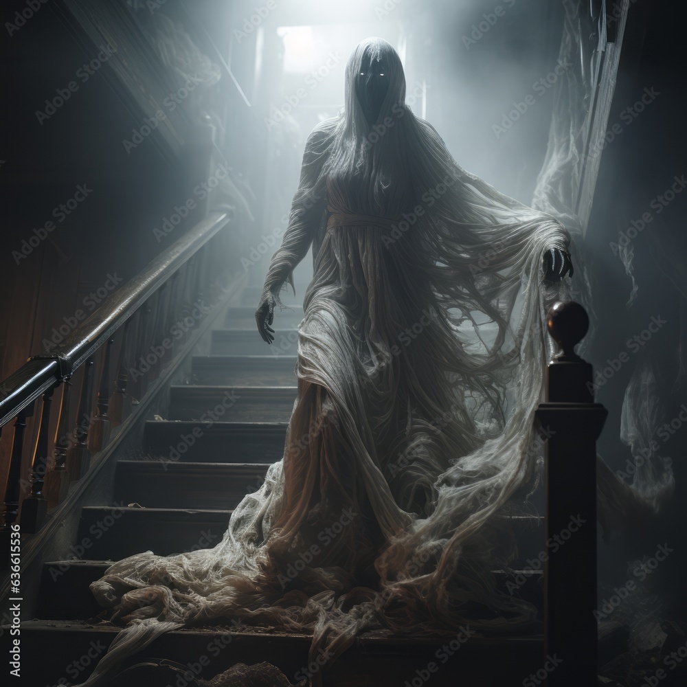 Scary ghost with black evil eyes in a dark spooky forest on a foggy ...