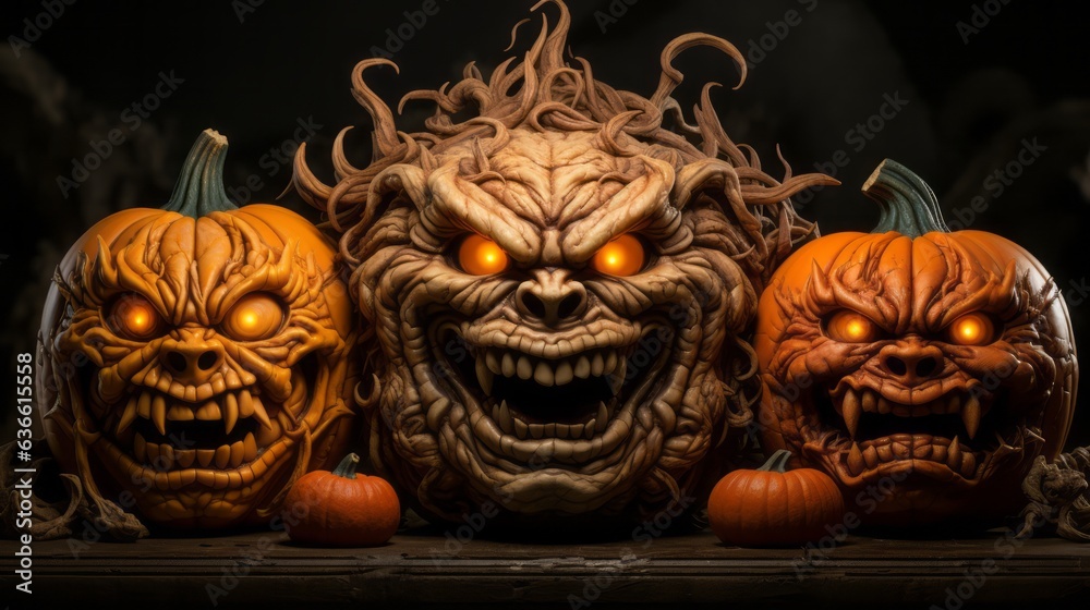 Scary Halloween pumpkins with sharp huge teeth, crazy made eyes with an ...