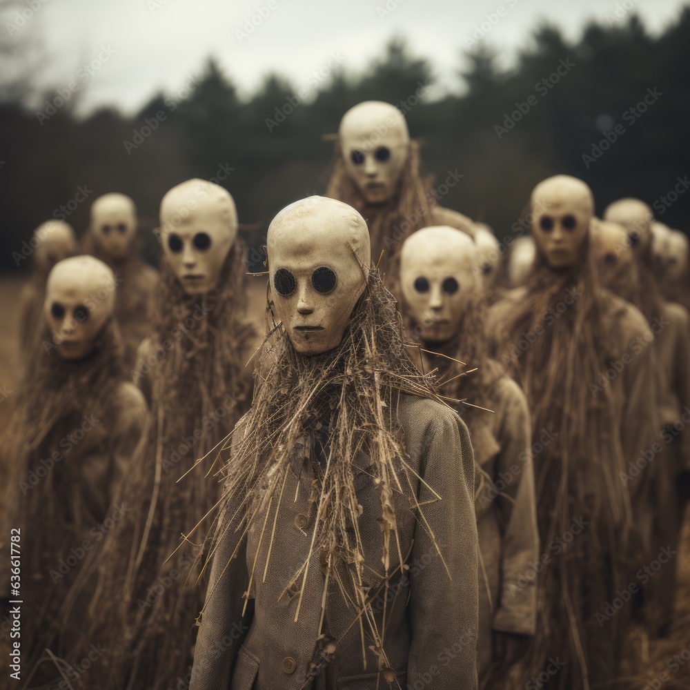 Group of scarecrows in hats standing in a dry field with a clear sky ...