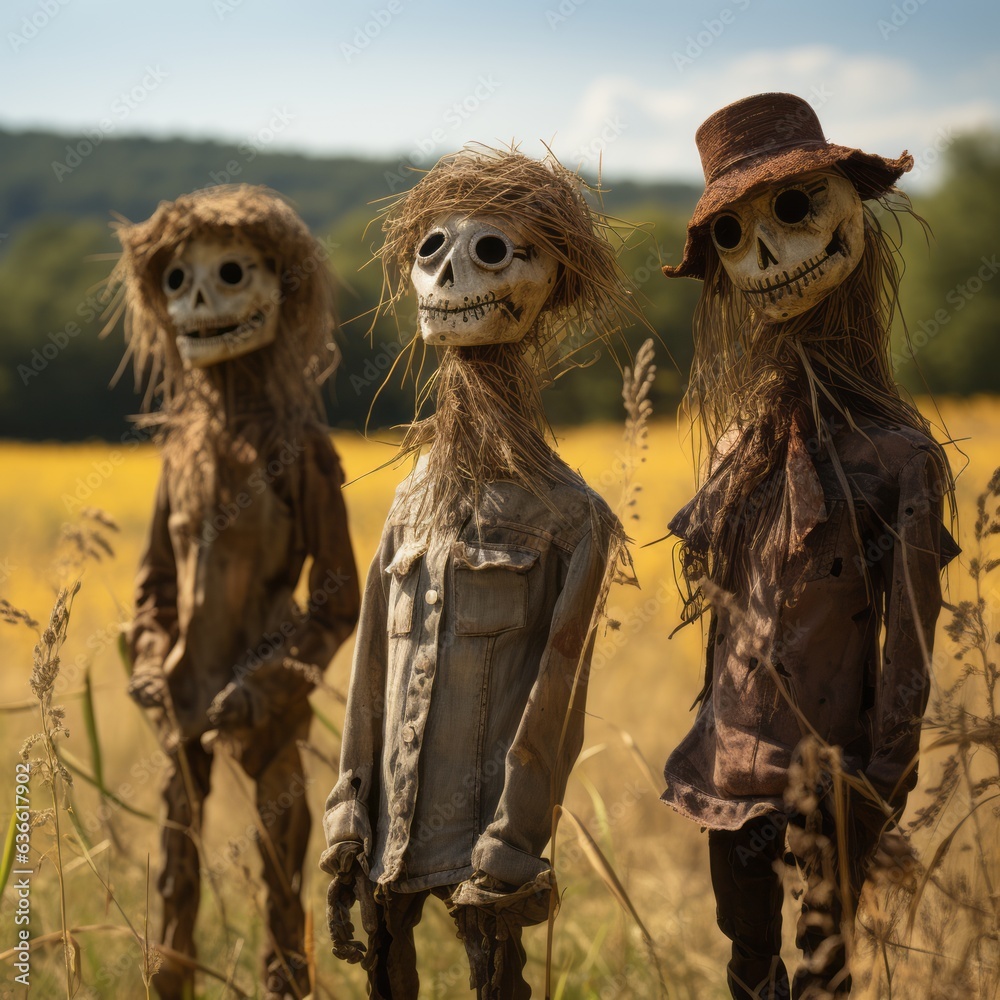 Group of scarecrows in hats standing in a dry field with a clear sky ...
