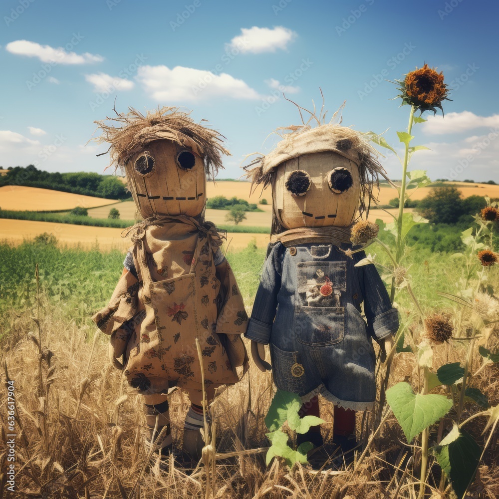 Group of scarecrows in hats standing in a dry field with a clear sky ...