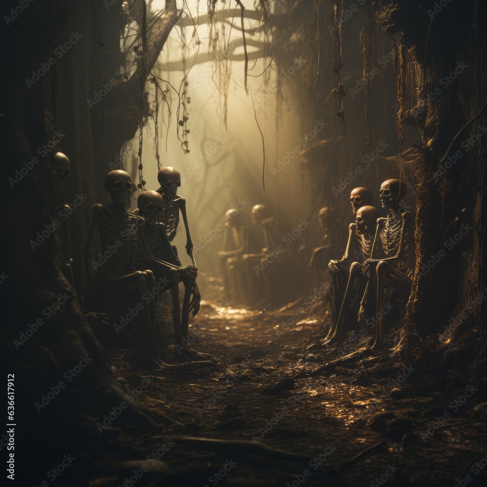 Scary place with lots of skeletons. Frightening skeletons in a dark ...