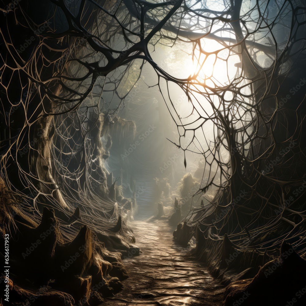 Scary dark forest with creepy old buildings. Spooky foggy night forest ...