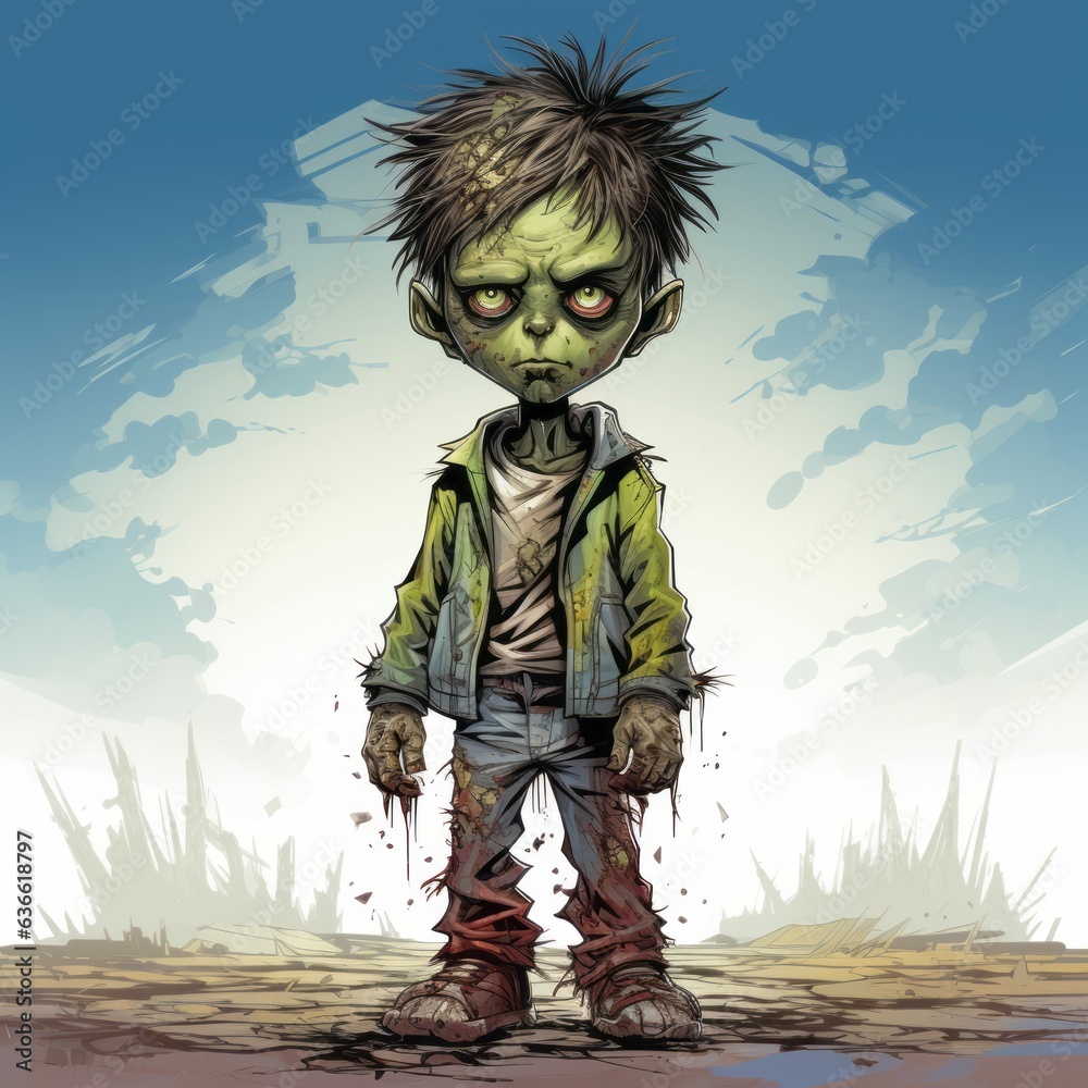 Illustration of a scary little zombie boy with big eyes and an evil ...