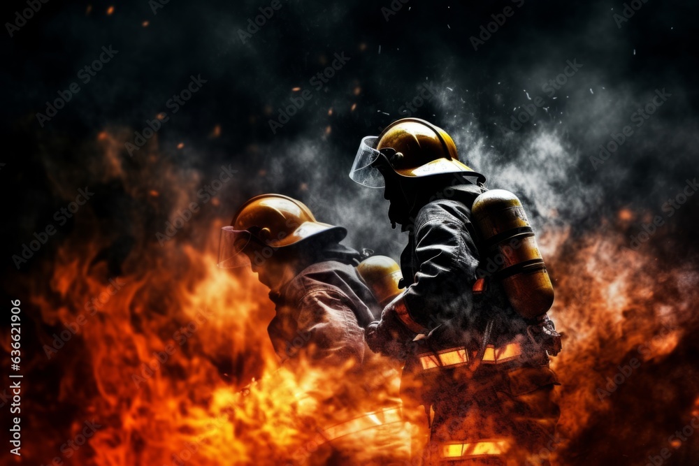 Firefighters extinguishing huge fire burning house industrial facility ...