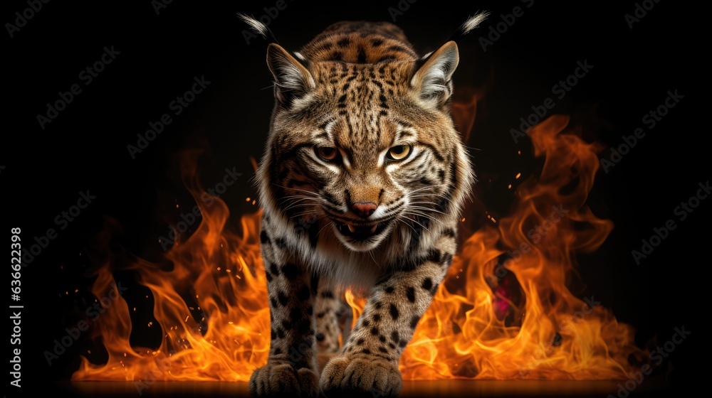 Epic bobcat animal portrait, flaming background, warrior figure ...