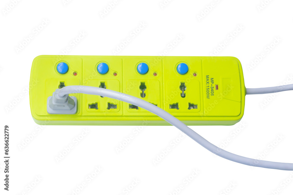 Top view of green socket and white electric power plug with line ...