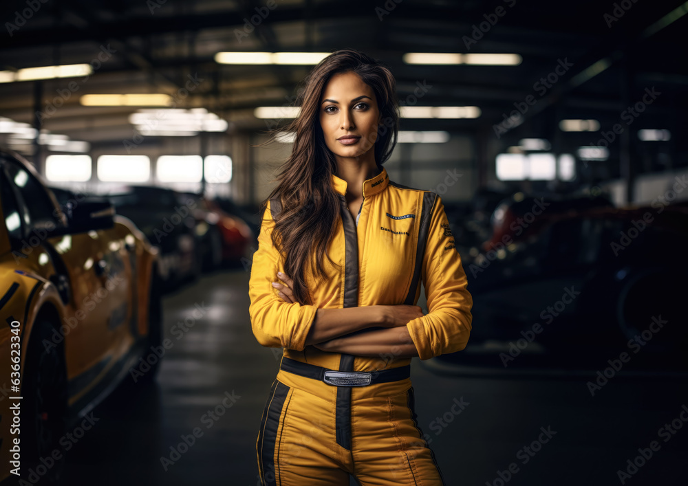 Woman in racing dress - female motosport car racer, blurred garage ...