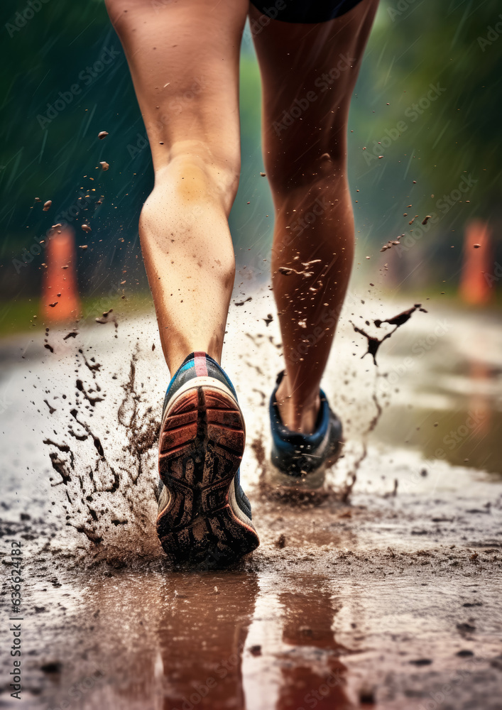 Young woman running in rainy weather, water and mud splashes as her ...