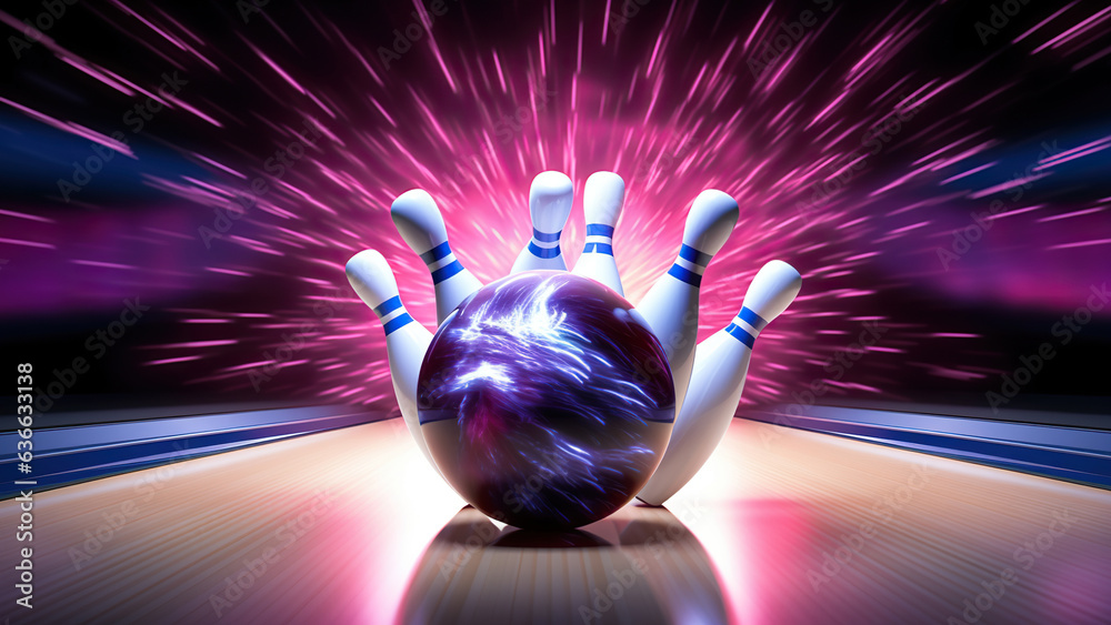 Bowling game and ball with pins on bowling club background in neon pink ...