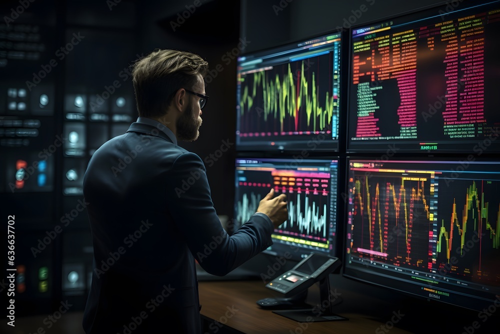 A middle-aged man analyzing the candlestick graph chart of stock market ...