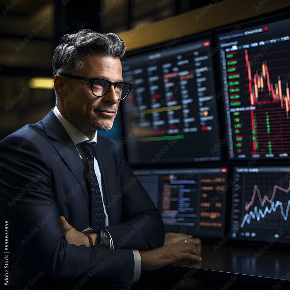 A middle-aged man analyzing the candlestick graph chart of stock market ...