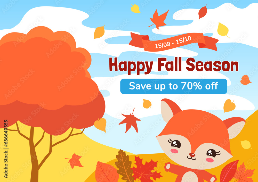 Fall banner flat design. Autumn landscape, falling leaves, orange tree ...