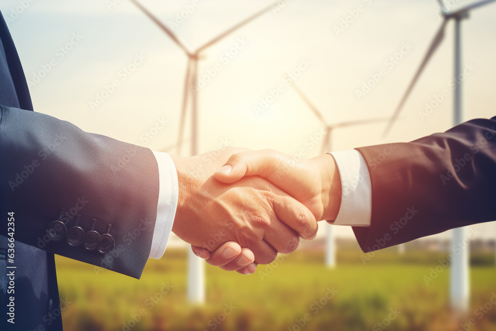 Cropped closeup of a handshake between two businessmen with a wind ...