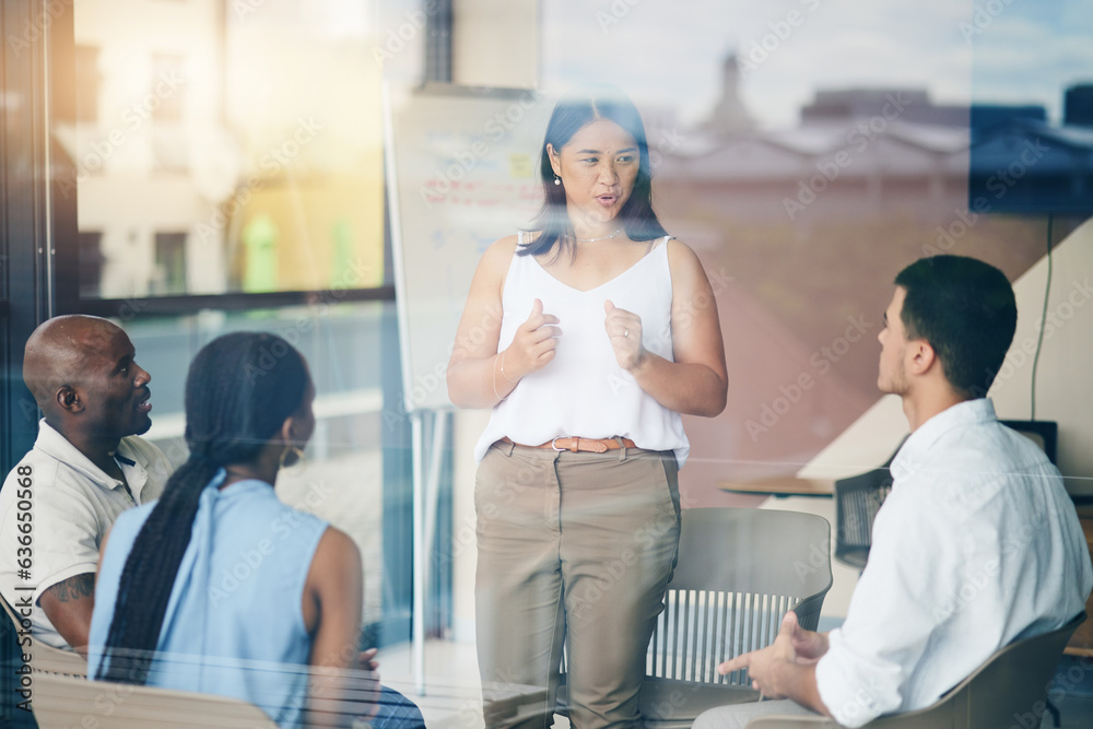 Business presentation, woman and speaker with staff and market research ...
