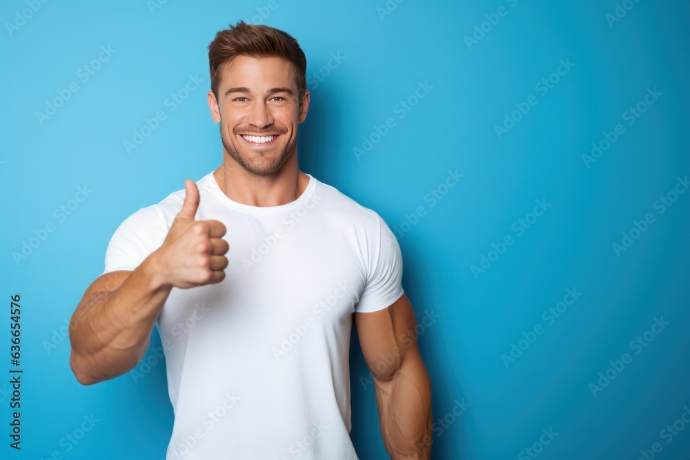 A white man wearing bella canvas white shirt mockup, with plain solid ...