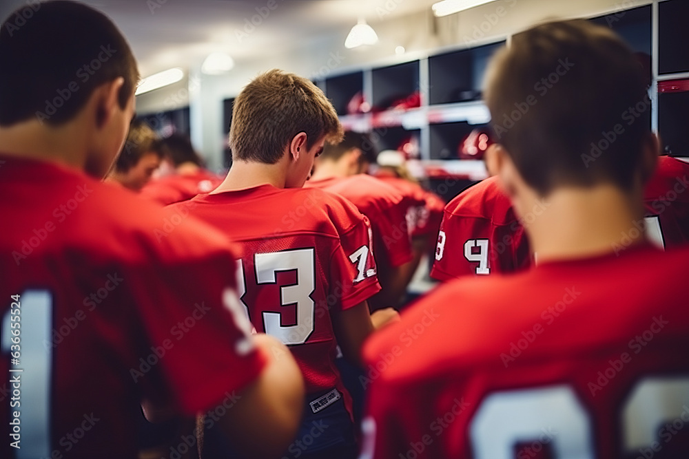 Teenage boy high school football team getting ready for a game, putting ...