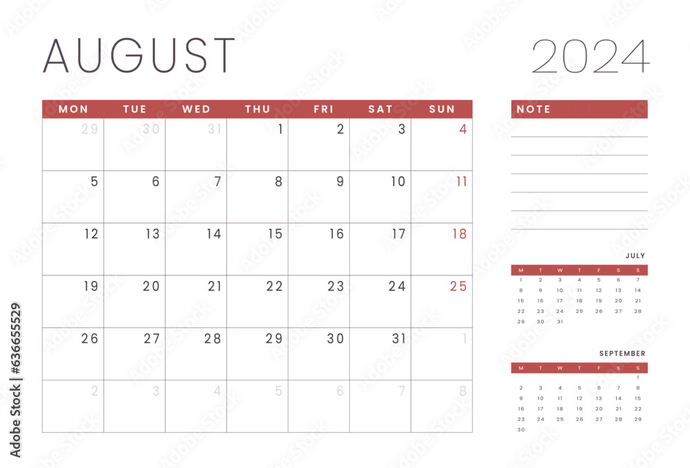Monthly page Calendar Planner Templates of August 2024 with note ...