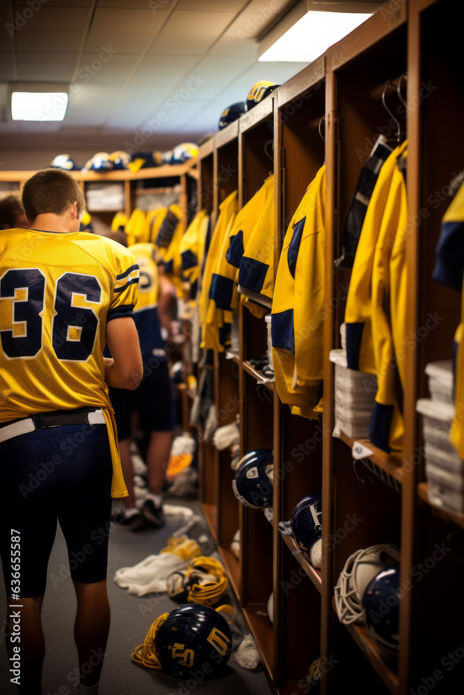 Teenage boy high school football team getting ready for a game, putting ...