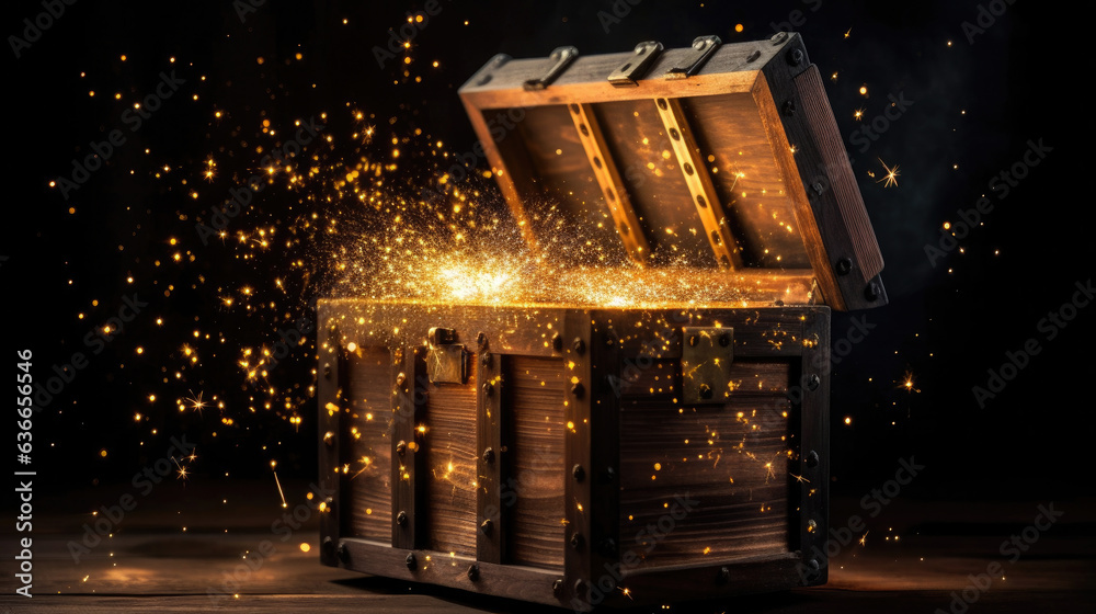 Glowing golden sparkles and stars rising from an old, opened wooden ...