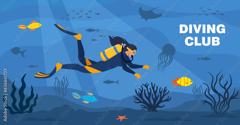 Diving club banner. Diver with diving equipment swims in the sea ...
