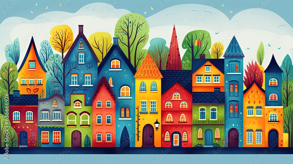 cute cartoon town, colorful urban city children art style illustration ...