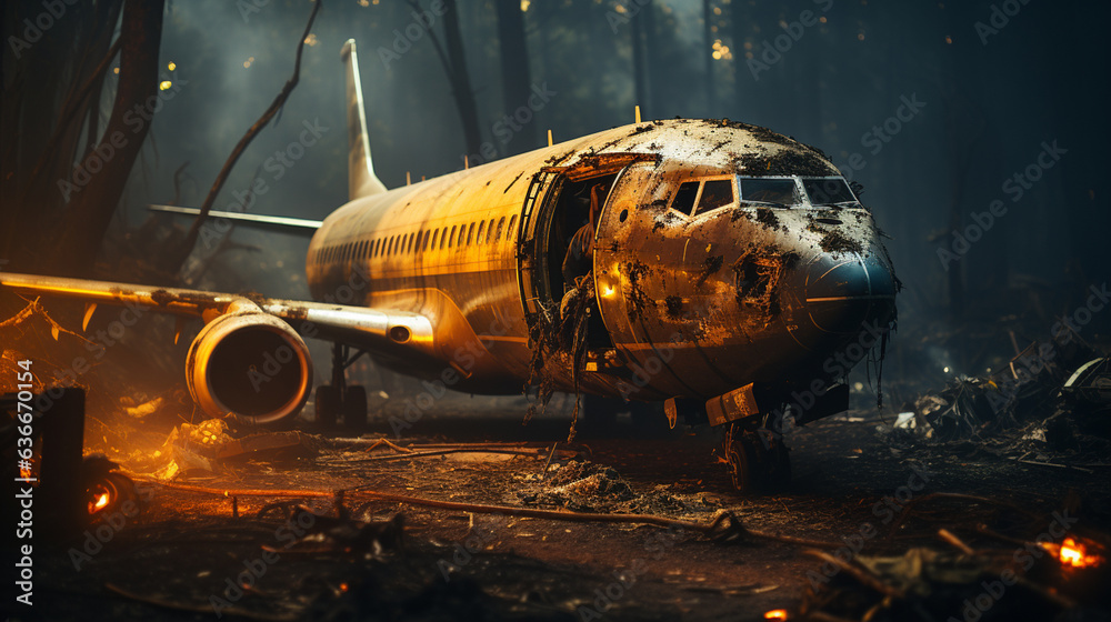 Airplane crash accident with destroyed burning plane. Stock Photo ...
