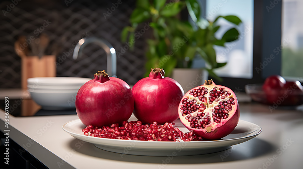 Pomegranates on a plate in a modern kitchen. The Essence of Nature's ...