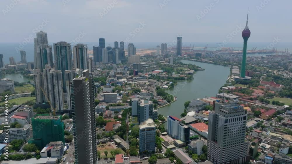 Nice cinematic footage of large city. Aerial view of modern high rise ...
