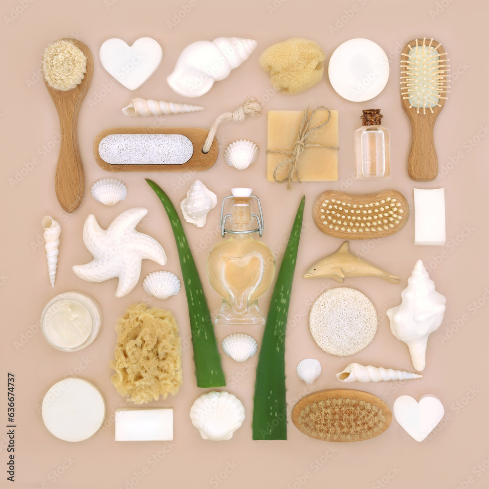 Aloe vera spa beauty treatment skincare products on neutral beige ...