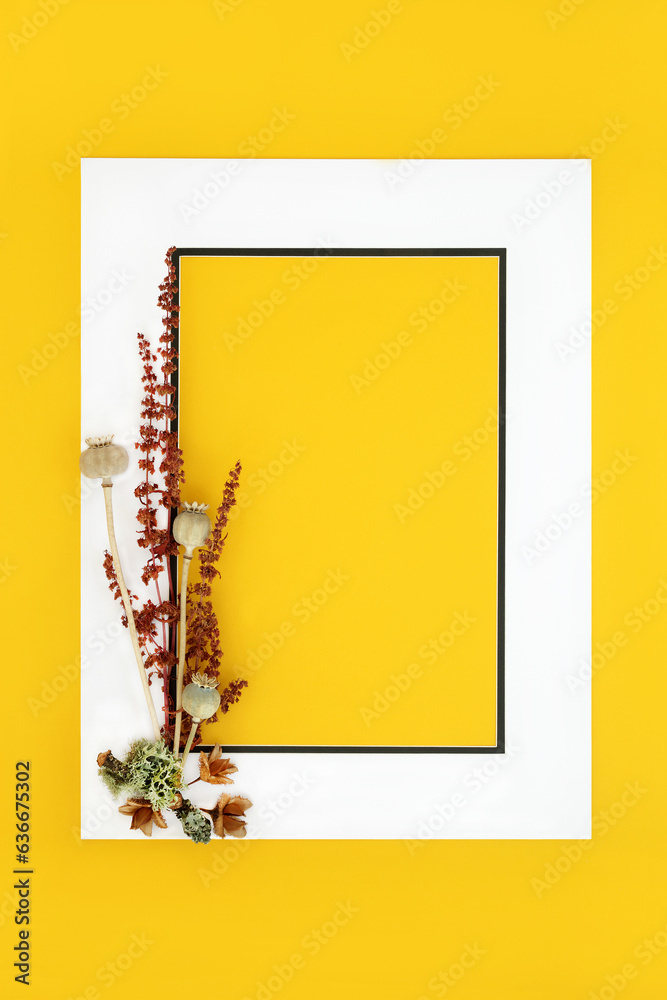 Autumn Fall background border design on yellow. Minimal seasonal ...