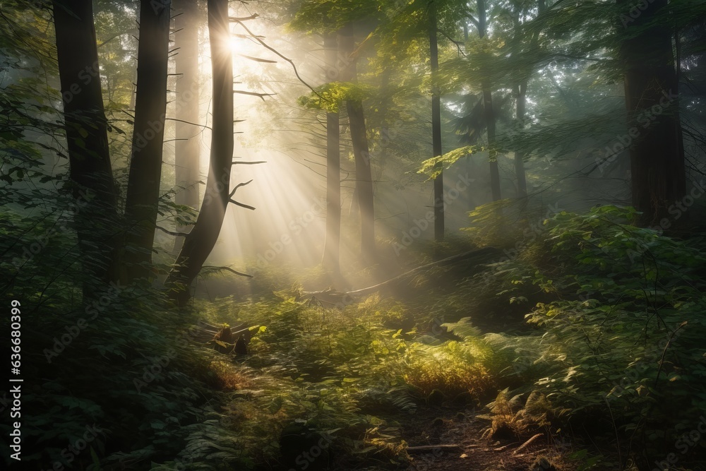 magical forest pathway with sunlight streaming through the trees Stock ...