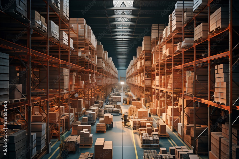 Interior of a modern warehouse storage of retail shop with pallet truck ...