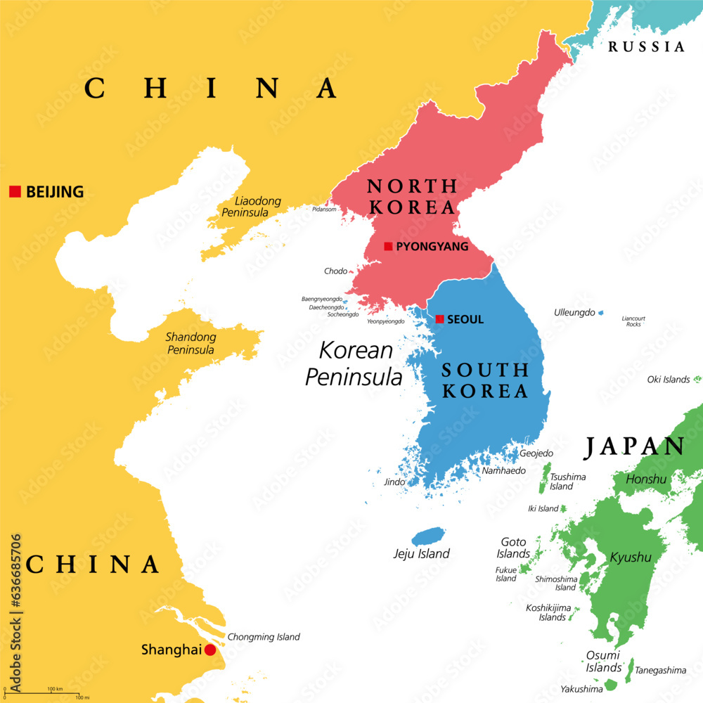 Korean Peninsula region, colored political map. Peninsular region Korea in East Asia, divided ...